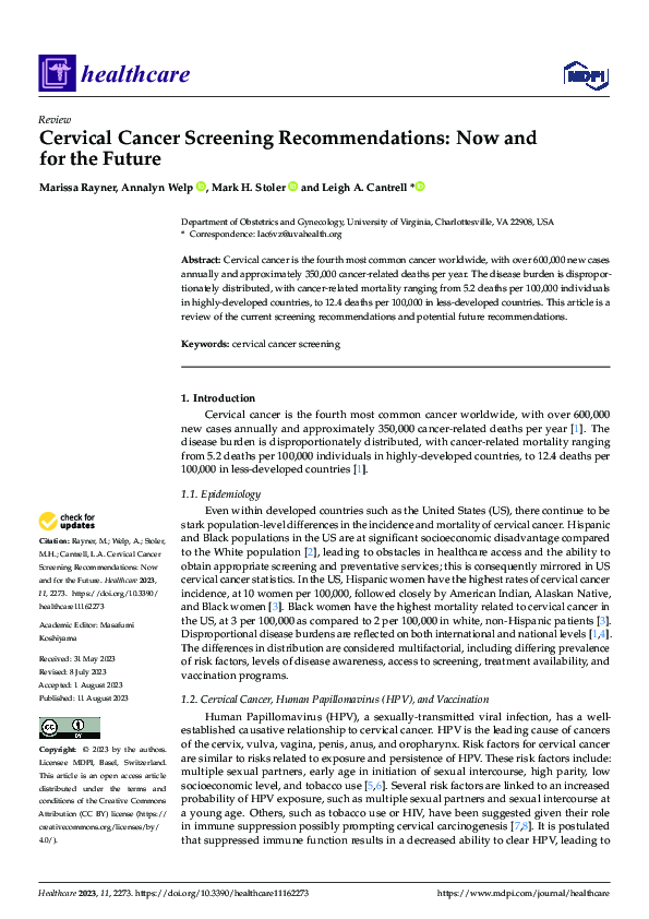 (PDF) Cervical Cancer Screening Recommendations: Now and for the Future