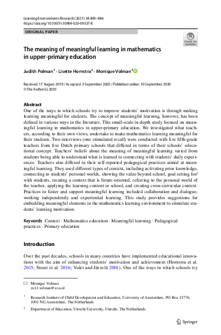 (PDF) The meaning of meaningful learning in mathematics in upper ...