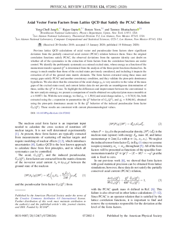 (PDF) Axial Vector Form Factors from Lattice QCD that Satisfy the PCAC ...