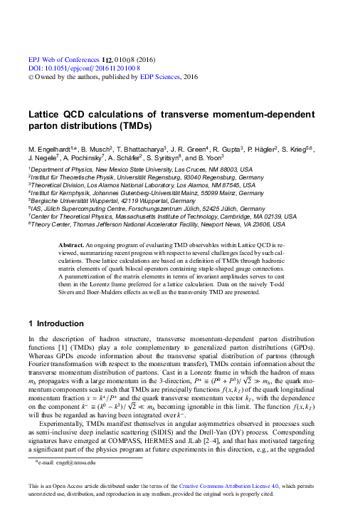 (PDF) Lattice QCD calculations of transverse momentum-dependent parton distributions (TMDs)