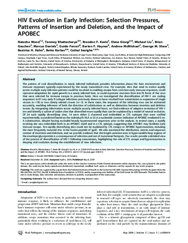 (PDF) HIV evolution in early infection: selection pressures, patterns ...