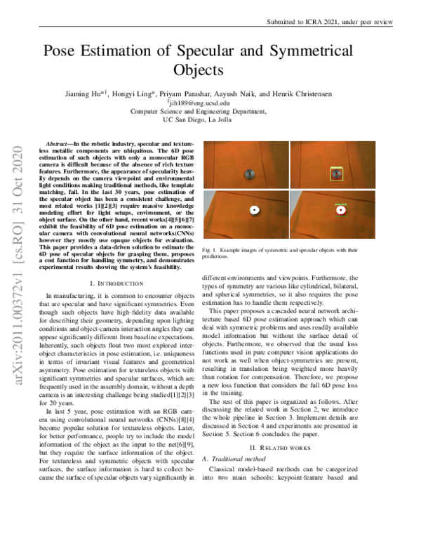 (PDF) Pose Estimation of Specular and Symmetrical Objects