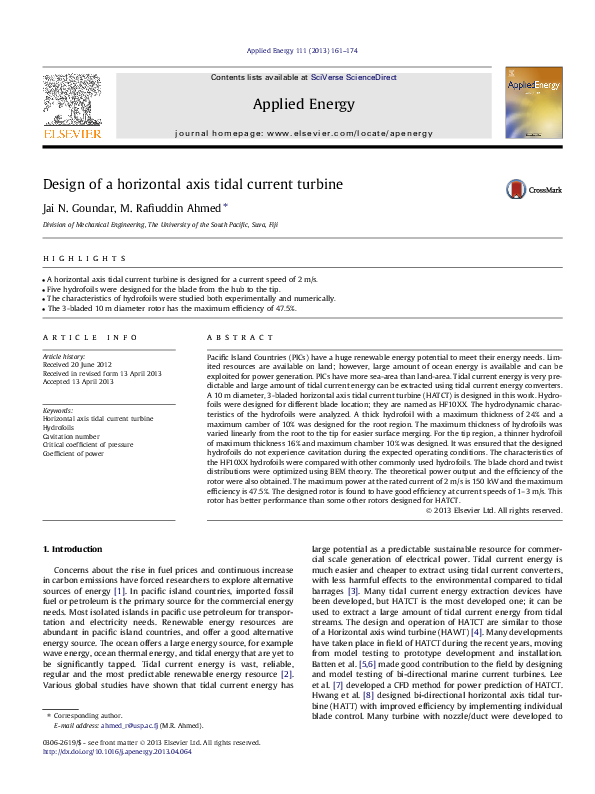 (PDF) Design of a horizontal axis tidal current turbine