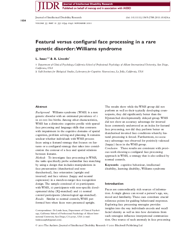 (PDF) Featural versus configural face processing in a rare genetic ...