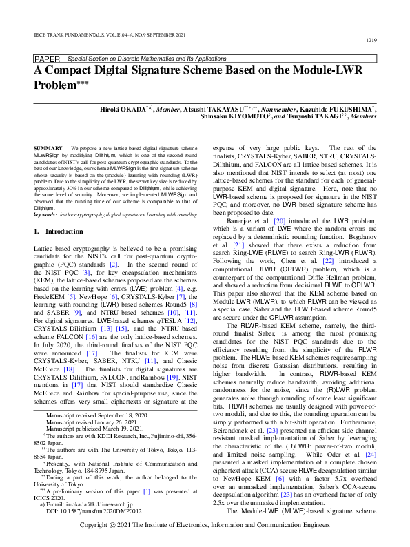 (PDF) A Compact Digital Signature Scheme Based on the Module-LWR Problem