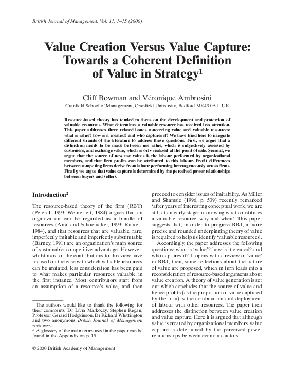 (PDF) Value Creation Versus Value Capture: Towards a Coherent ...