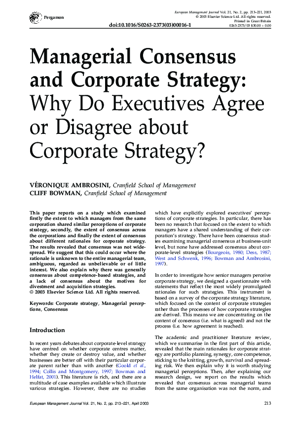 (PDF) Managerial Consensus and Corporate Strategy