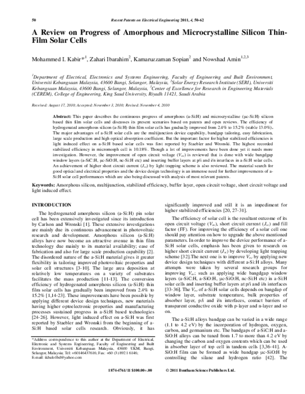 (PDF) A Review on Progress of Amorphous and Microcrystalline Silicon ...