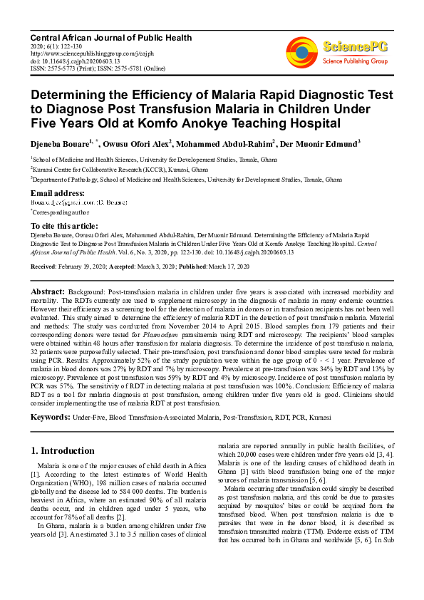 (PDF) Determining the Efficiency of Malaria Rapid Diagnostic Test to ...