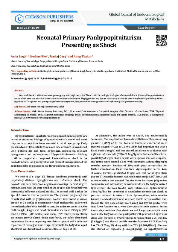 (PDF) Neonatal Primary Panhypopituitarism Presenting as Shock