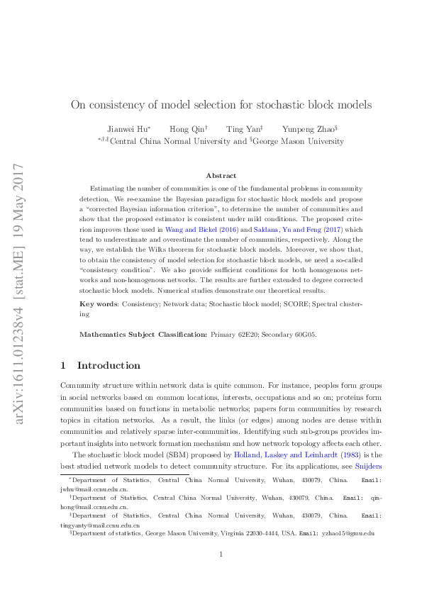 (PDF) On consistency of model selection for stochastic block models