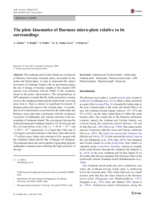 (PDF) The plate kinematics of Burmese micro-plate relative to its ...