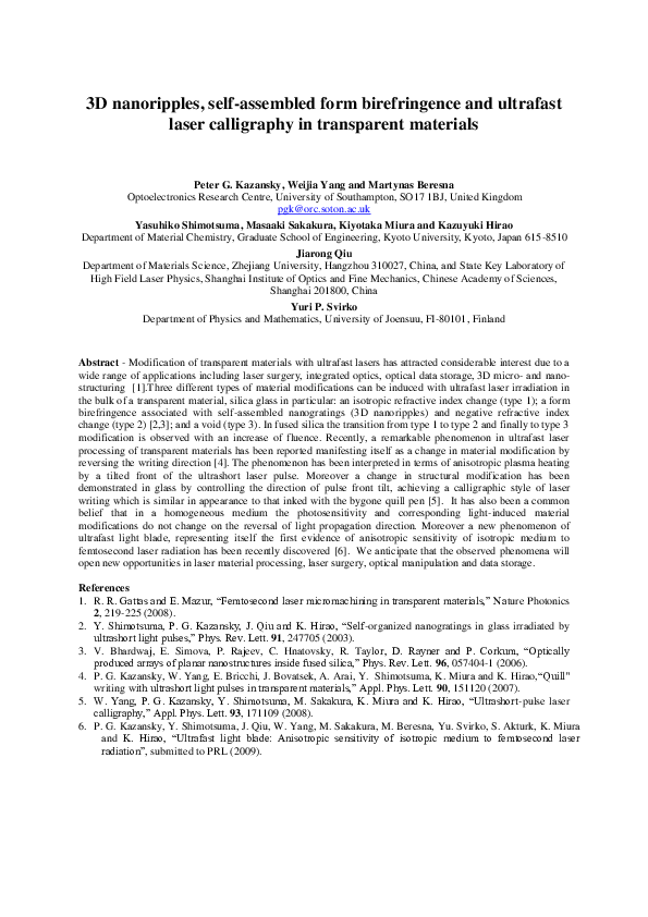 (PDF) 3D nanoripples, self-assembled form birefringence and ultrafast ...