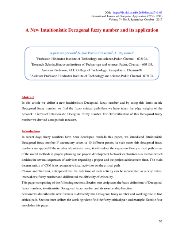 (PDF) A New Intuitionistic Decagonal fuzzy number and its application