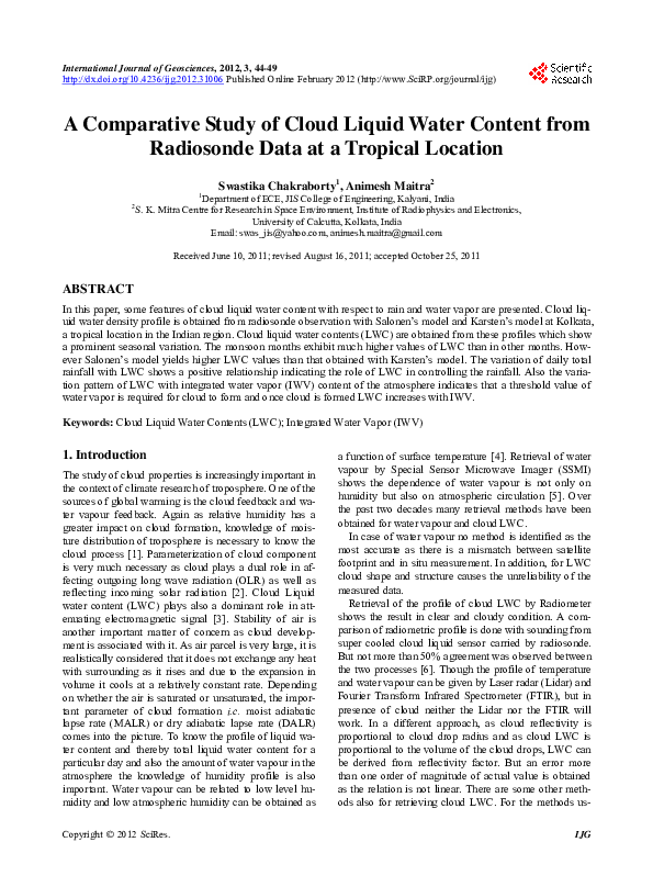 (PDF) A Comparative Study of Cloud Liquid Water Content from Radiosonde ...