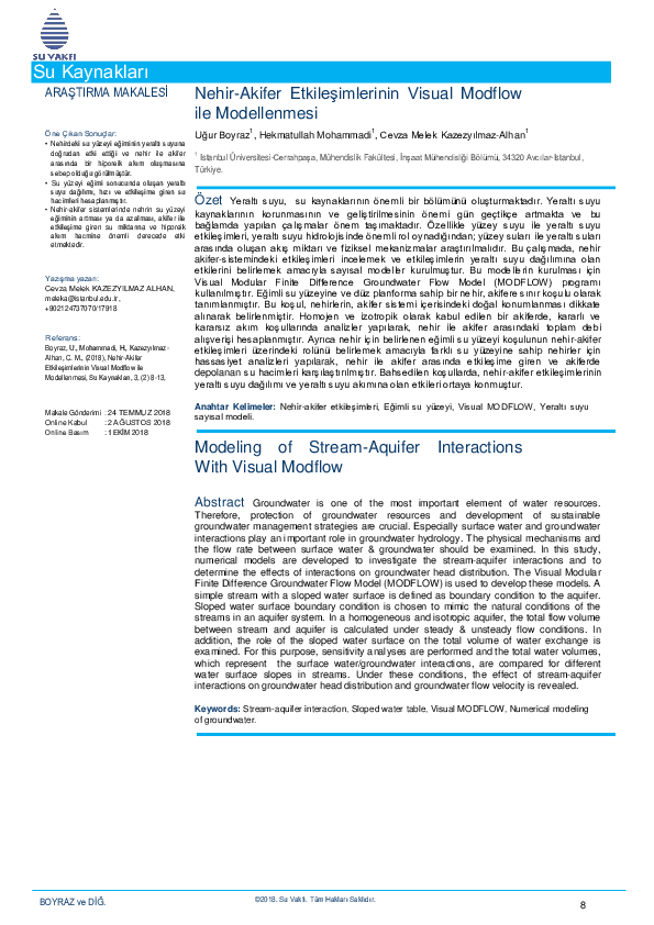 (PDF) Nehir-Akifer Etkileşimlerinin Visual Modflow ile Modellenmesi