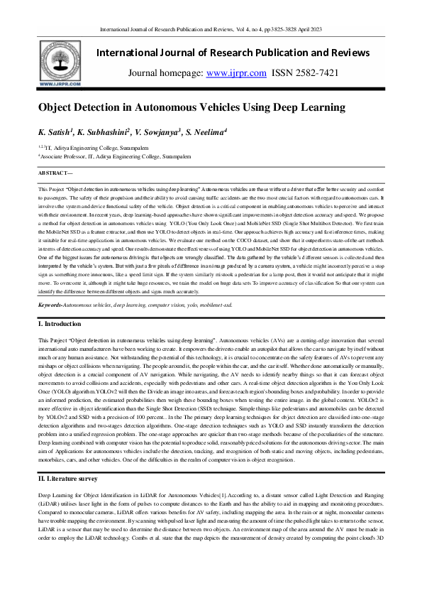 (PDF) .Object Detection in Autonomous Vehicles Using Deep Learning