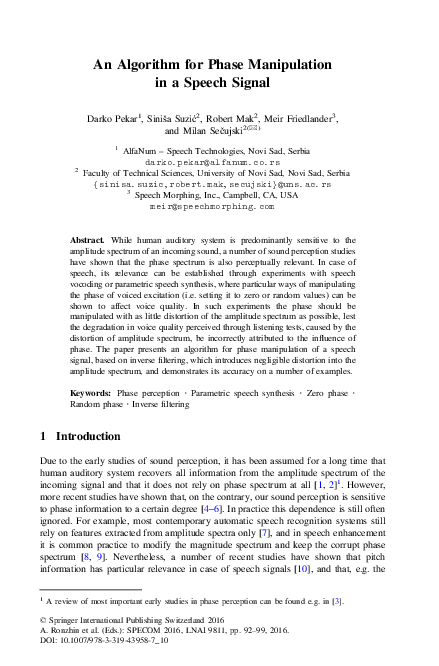 (PDF) An Algorithm for Phase Manipulation in a Speech Signal