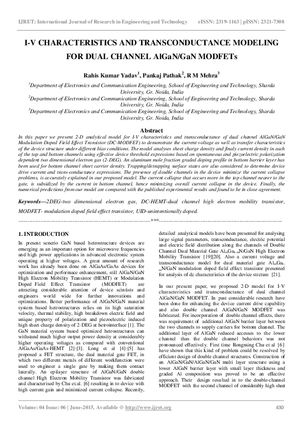 (PDF) I-V Characteristics and Transconductance Modeling for Dual Channel Algan/Gan Modfets