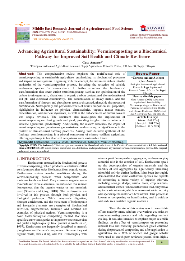(PDF) Advancing Agricultural Sustainability: Vermicomposting as a Biochemical Pathway for ...