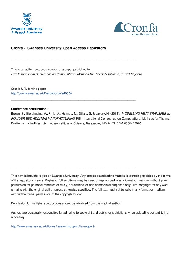 (PDF) Modelling heat transfer in powder bed additive manufacturing
