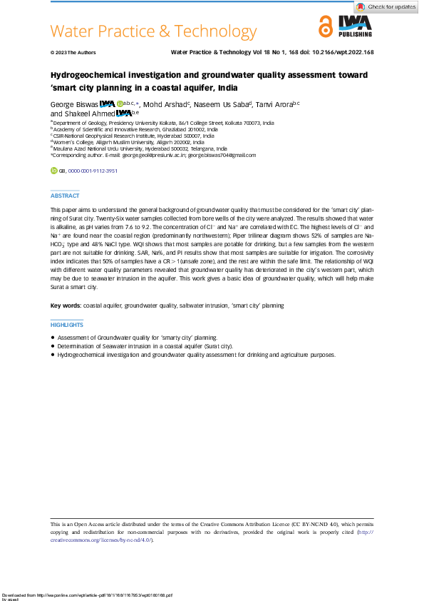 Pdf Hydrogeochemical Investigation And Groundwater Quality Assessment Toward ‘smart City