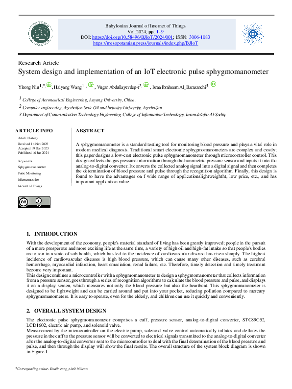 (PDF) System design and implementation of an IoT electronic pulse sphygmomanometer