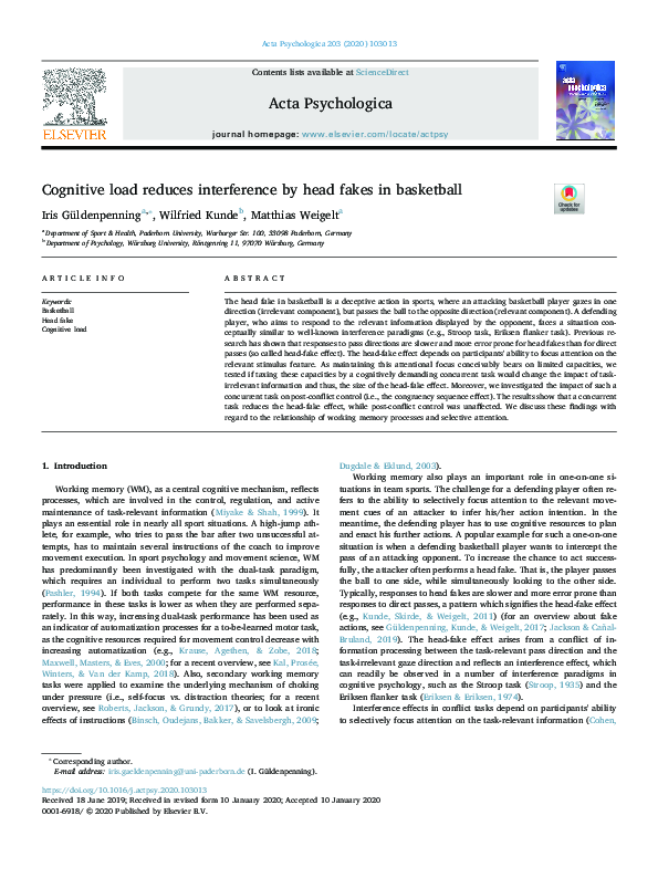 (PDF) Cognitive load reduces interference by head fakes in basketball