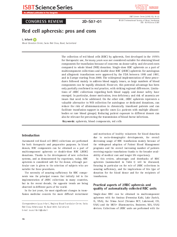 (PDF) Red cell apheresis: pros and cons
