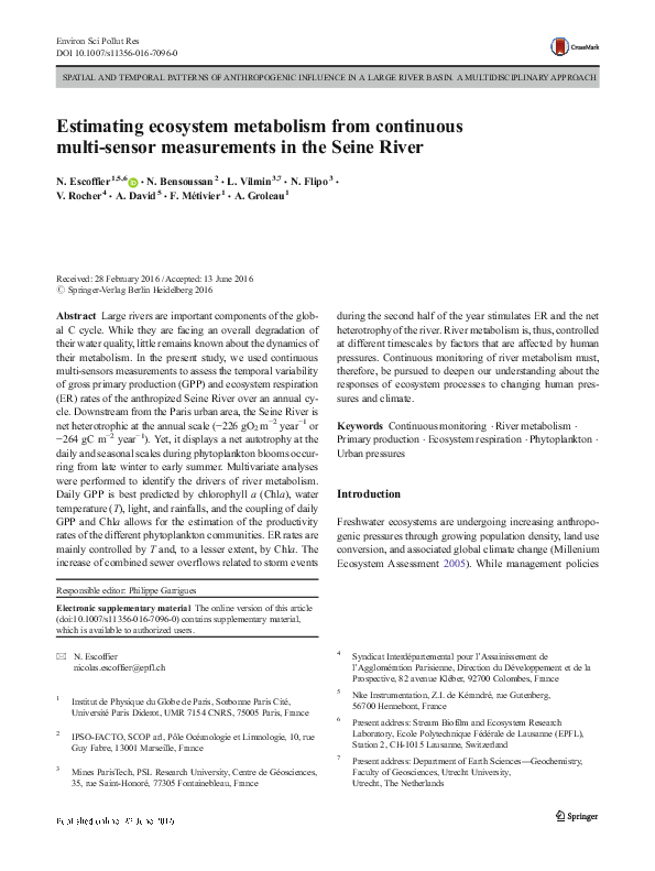 (PDF) Estimating ecosystem metabolism from continuous multi-sensor measurements in the Seine River