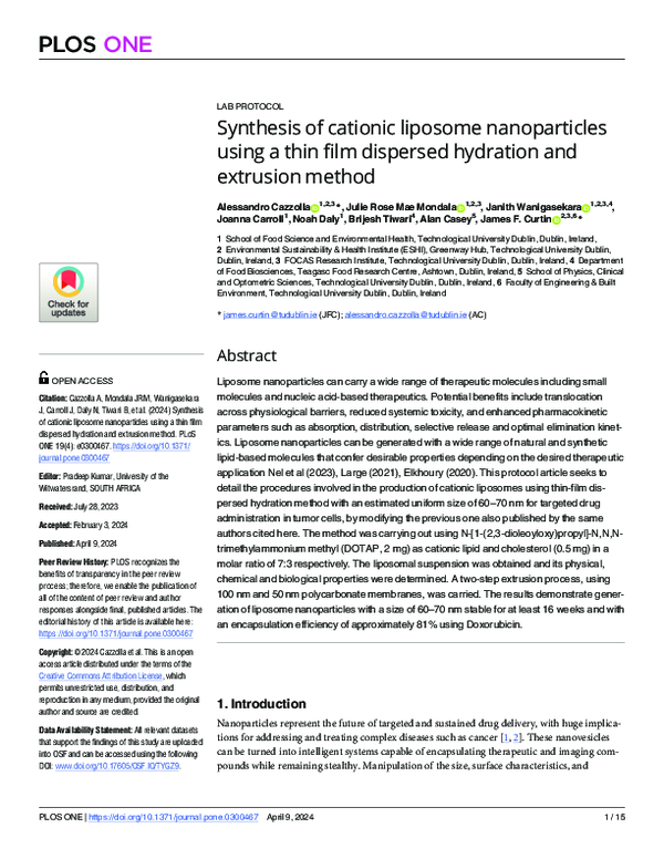 (PDF) Synthesis of cationic liposome nanoparticles using a thin film ...