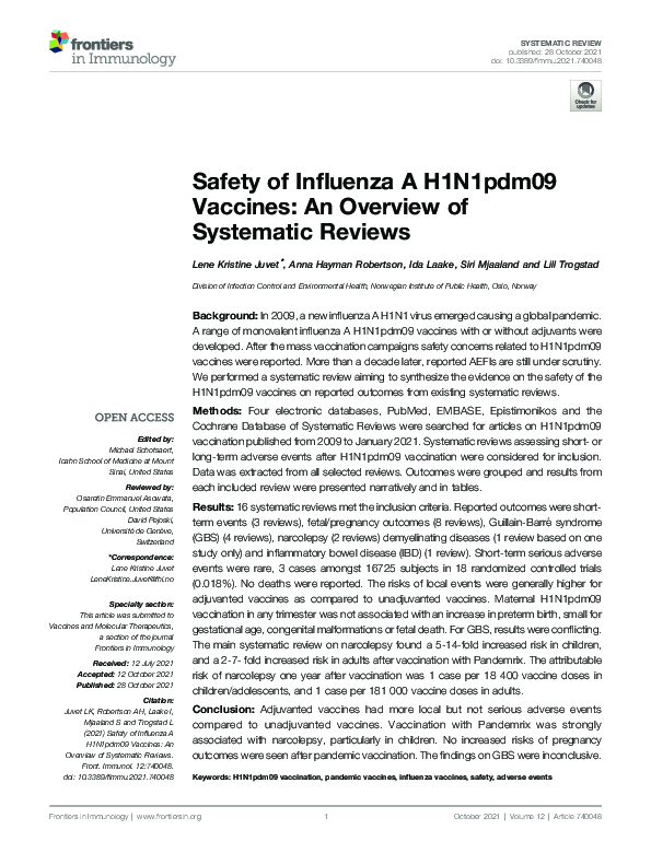 (PDF) Safety of Influenza A H1N1pdm09 Vaccines: An Overview of ...