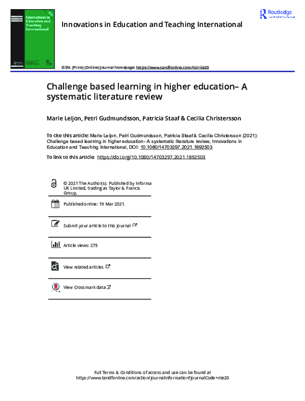 (PDF) Challenge based learning in higher education– A systematic literature review