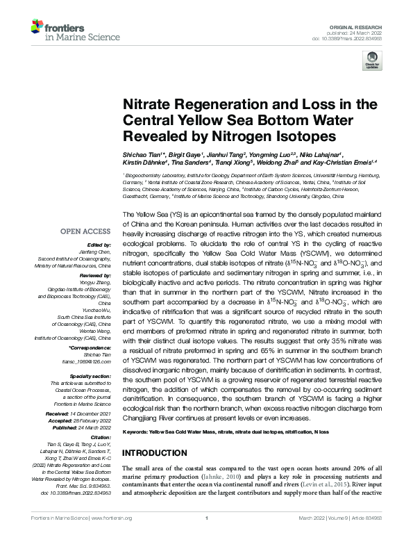 (PDF) Nitrate Regeneration and Loss in the Central Yellow Sea Bottom ...