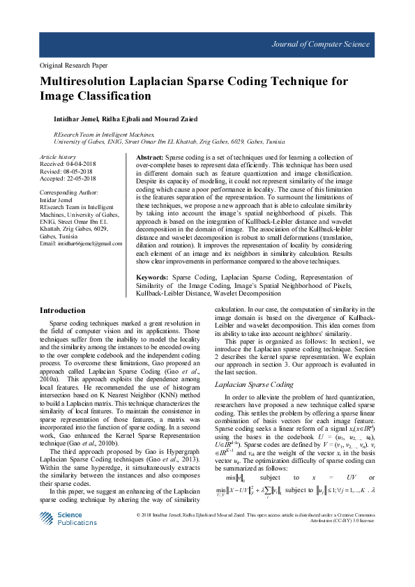 (PDF) Multiresolution Laplacian Sparse Coding Technique for Image Classification