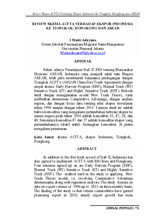 (PDF) Riview Skema Acfta Terhadap Ekspor Indonesia Ke Tiongkok, Hongkong Dan Asean