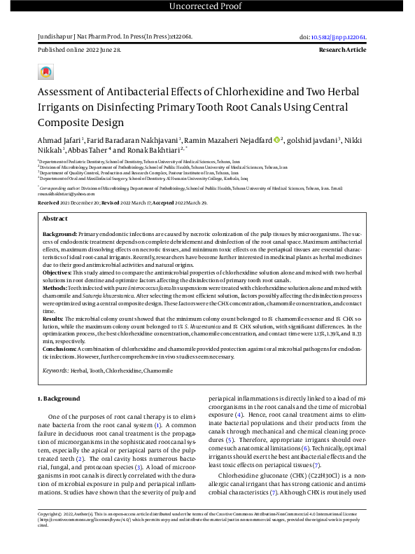 (PDF) Assessment of Antibacterial Effects of Chlorhexidine and Two Herbal Irrigants on ...