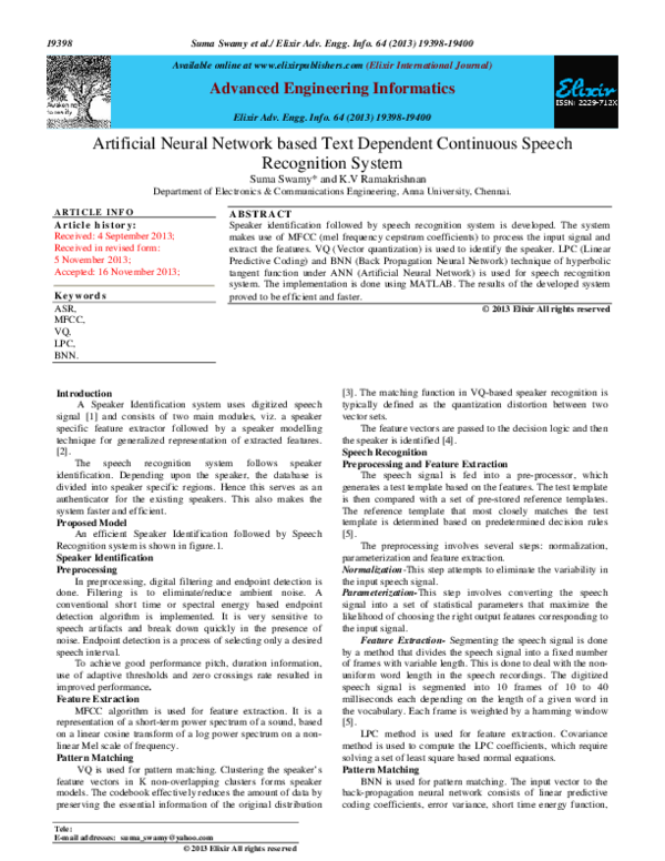 (PDF) Artificial Neural Network based Text Dependent Continuous Speech Recognition System