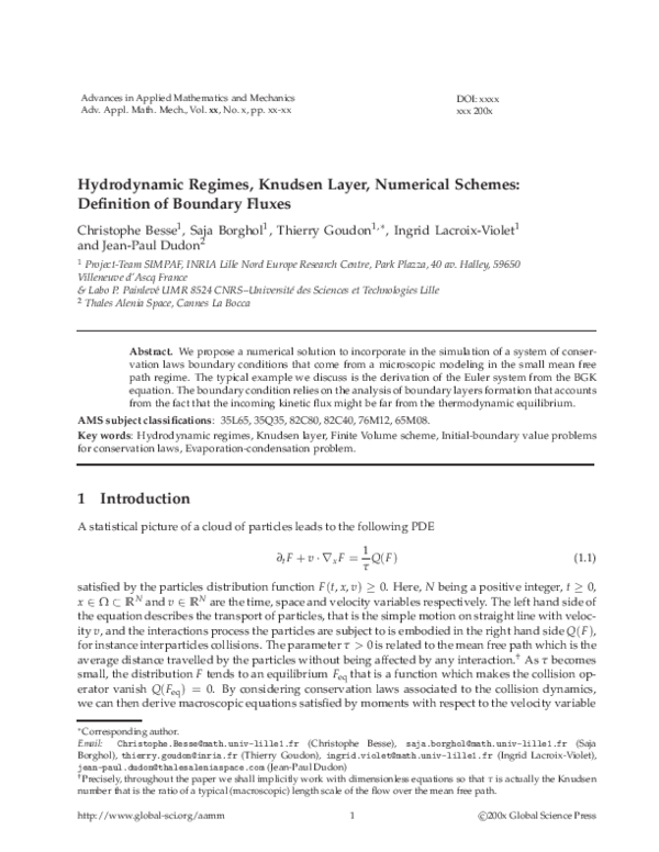 (PDF) Hydrodynamic Regimes, Knudsen Layer, Numerical Schemes: Definition of Boundary Fluxes