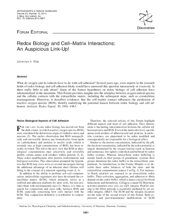 (PDF) Redox Biology and Cell–Matrix Interactions: An Auspicious Link-Up!