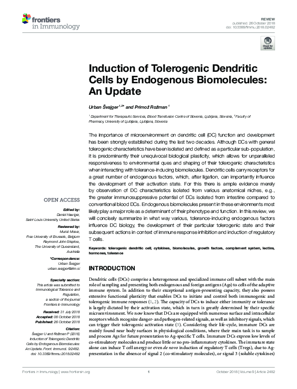 (PDF) Induction of Tolerogenic Dendritic Cells by Endogenous ...