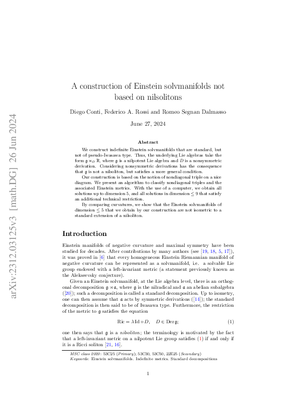 (PDF) A construction of Einstein solvmanifolds not based on nilsolitons