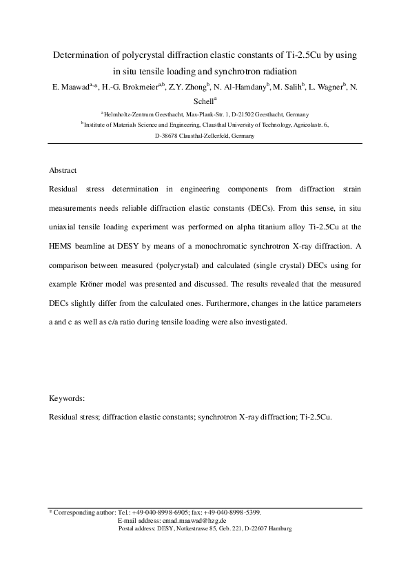 (PDF) Determination of polycrystal diffraction elastic constants of Ti–2.5Cu by using in situ ...