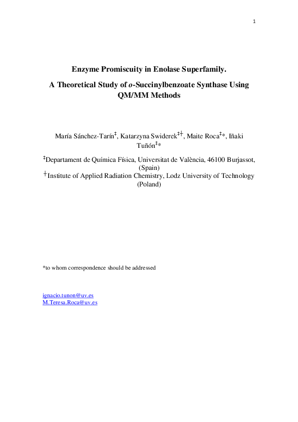 (PDF) Enzyme Promiscuity in Enolase Superfamily. Theoretical Study of o ...