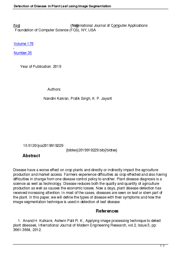 (PDF) Detection of Disease in Plant Leaf using Image Segmentation