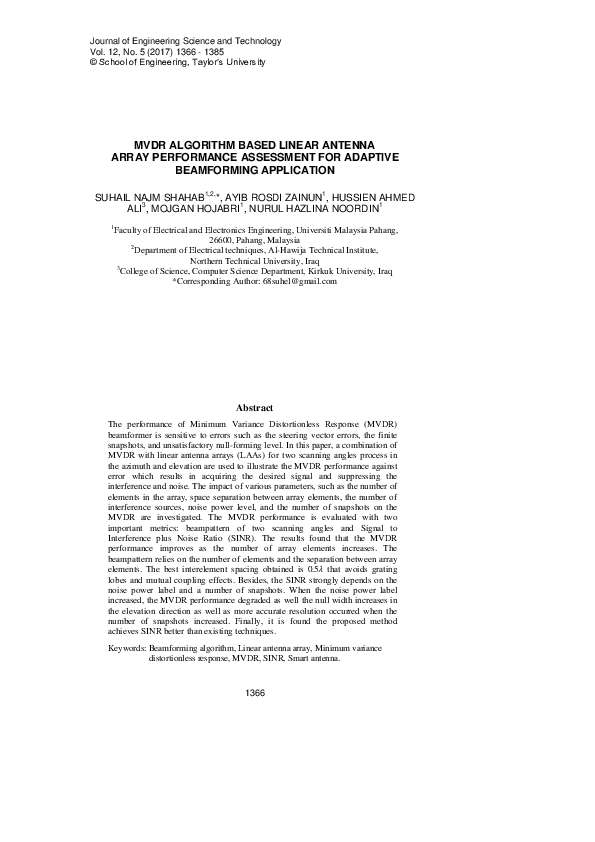 (PDF) MVDR Algorithm Based Linear Antenna Array Performance Assessment For Adaptive Beamforming ...