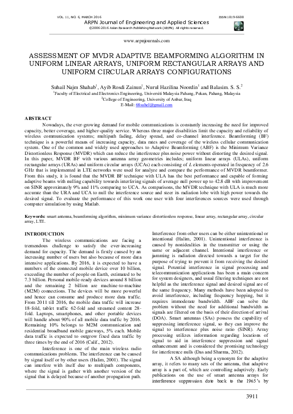 Pdf Assessment Of Mvdr Adaptive Beamforming Algorithm In Uniform Linear Arrays Uniform