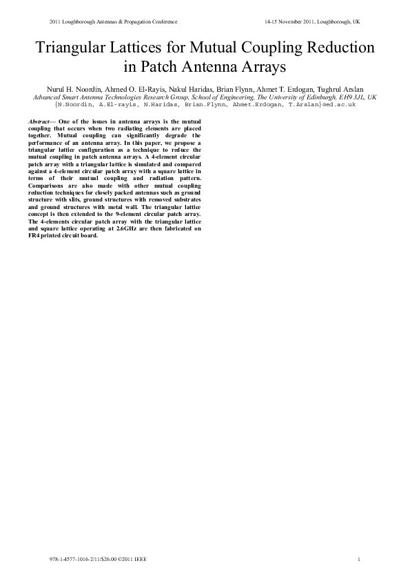 (PDF) Triangular lattices for mutual coupling reduction in patch antenna arrays