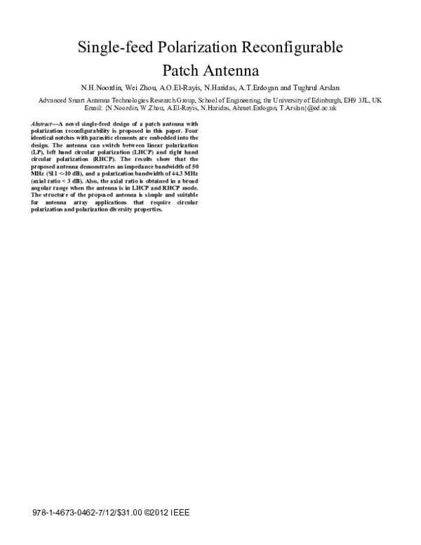 (PDF) Single-feed polarization reconfigurable patch antenna (PDF) Single-feed polarization reconfigurable patch antenna