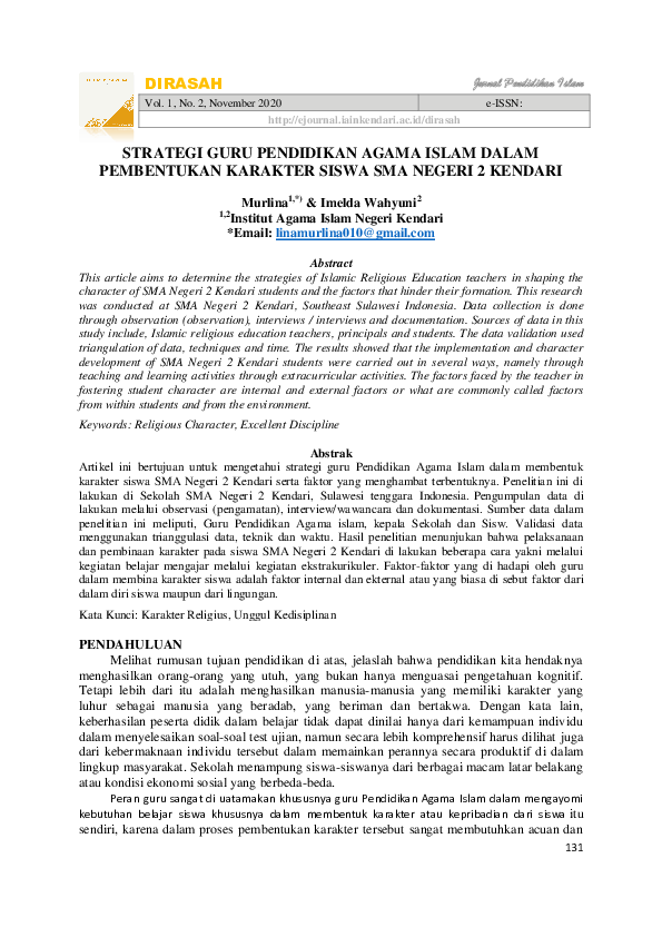 (PDF) Strategi Guru Pendidikan Agama Islam dalam Pembentukan Karakter Siswa SMA Negeri 2 Kendari